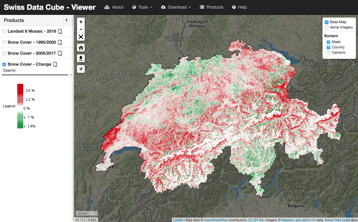 Snow Cover Change in Switzerland – Swiss Data Cube (SDC)